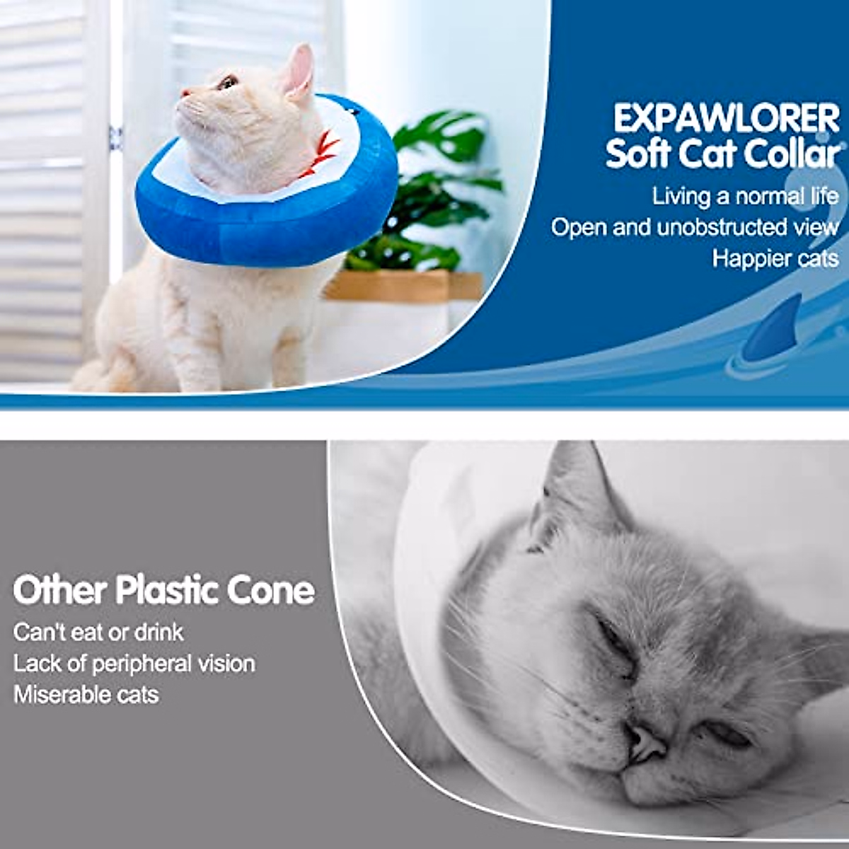 EXPAWLORER Cat Surgery Recovery Collar - Adjustable Donut Cat Cone Collar Soft, Pet E Collar for Wound Healing Protective Elizabethan Collars for Pets Kitten and Small Dogs, Cute Shark Design