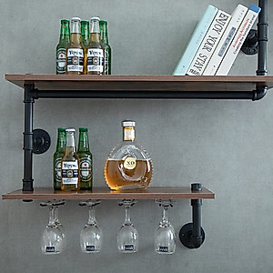 MAIKAILUN Wine Rack Wall Mounted Corner 3 Tier, Hanging Floating Small Mini Bar Liquor Shelves with Glass Holder Storage Under, Industrial Rustic Pipe Farmhouse Kitchen Decor Black