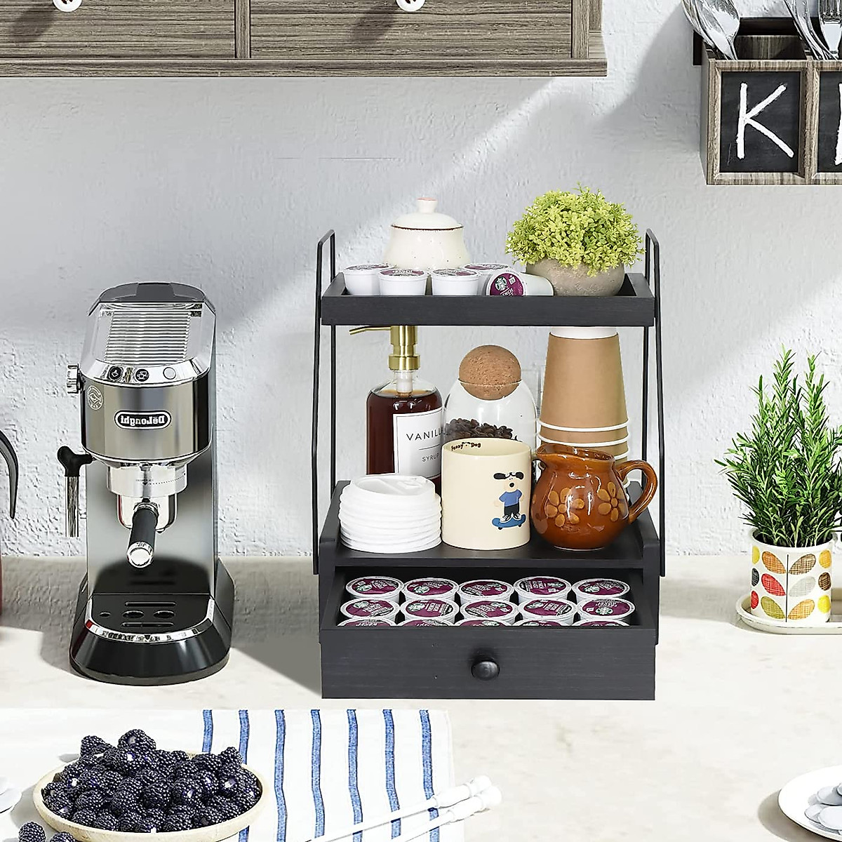 Rustic 2 Tier Coffee Bar Accessories Organizer Countertop, Coffee Station Organizer with Drawer, Coffee Pods Holder Condiment Organizer, Wood Countertop Shelf for Kitchen Spice Bathroom Organizer