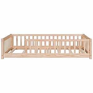 Brafab Montessori Floor Bed with Safety Guardrails and Door, Twin Size Solid Pine Wood Floor Bed Frame with Slats, Full Length Fence for Girls, Boys, Child Bedroom, Kids Playroom (Natural)