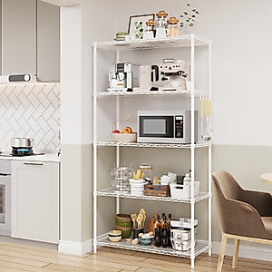 5 Tier NSF Metal Shelf Wire Shelving Unit, 1750lbs Capacity Heavy Duty Adjustable Storage Rack with Shelf Liners for Closet Kitchen Garage Basement Commercial Shelving, 72" H x 36" L x 16" D - White