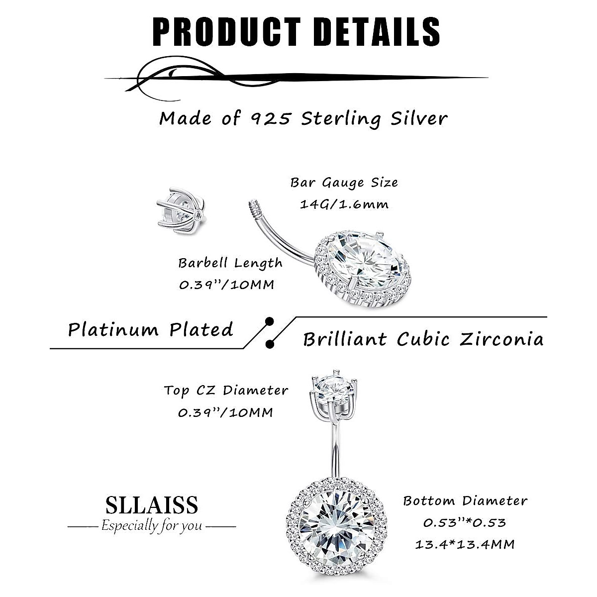 Sllaiss CZ Halo Belly Button Rings for Women 925 Sterling Silver 14G Belly Rings Round Cubic Zirconia Body Jewelry Curved Barbells Navel Rings 3/8" 10mm