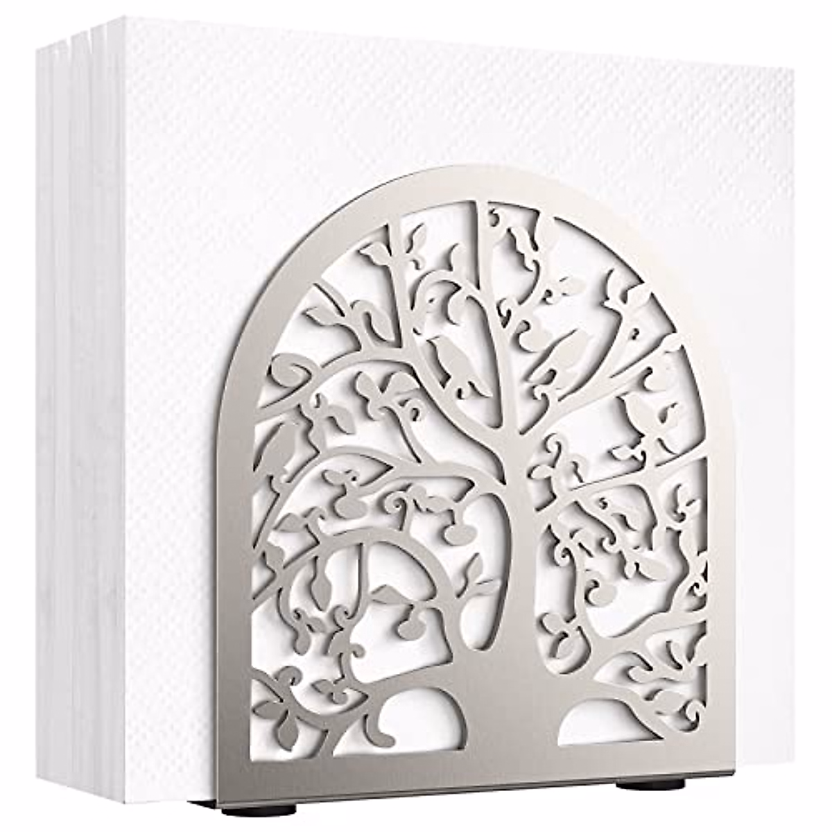 Housolution Napkin Holder, Tree & Bird Design Metal Napkin Holder for Kitchen and Table, Freestanding Modern Napkins Holder for Home & Picnic Party, Silver