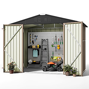 Greesum Metal Outdoor Storage Shed 8FT x 6FT, Steel Utility Tool Shed Storage House with Door & Lock, Metal Sheds Outdoor Storage for Backyard Garden Patio Lawn (8’x 6'), Brown