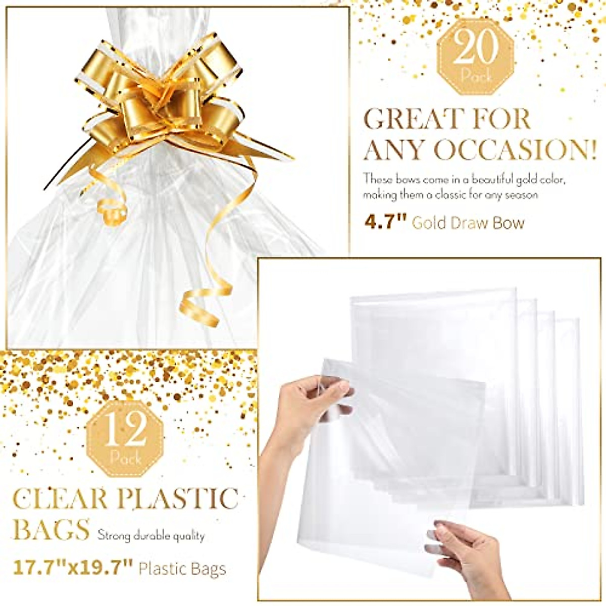 44 Pcs Basket for Gifts Empty Gift Basket Kit Include 12 Gift Basket Empty 12 Plastic Bags for Gift Baskets and 20 Gold Pull Bows for Wedding Birthday Thanksgiving Christmas Party Gift Wrapping