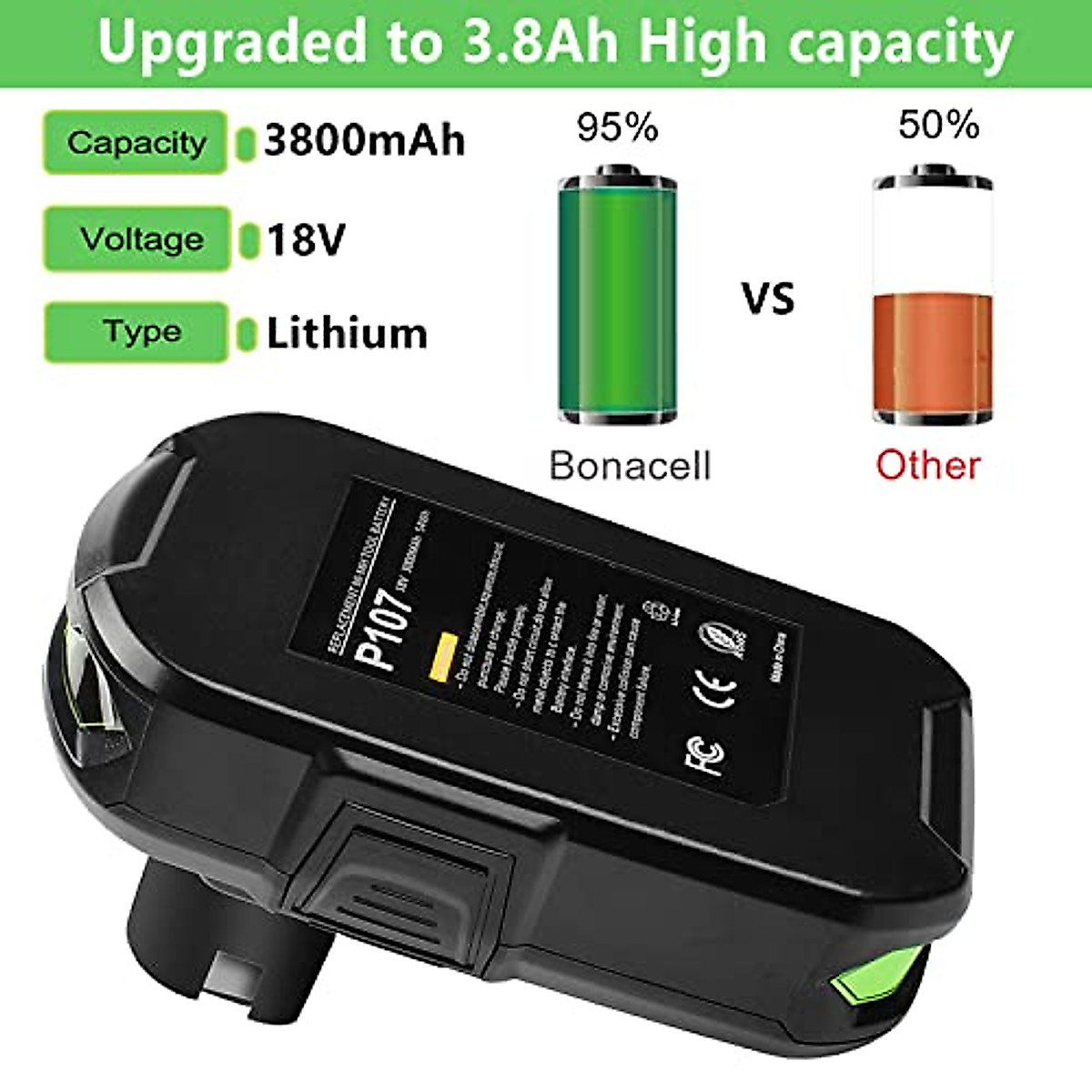 Bonacell 2Pack 【Upgrade】 18V 3800Ah Replacement Battery for Ryobi 18V Lithium Battery ONE+ Plus P102 P103 P104 P105 P106 P108 P107 P109 for Cordless Power Tools