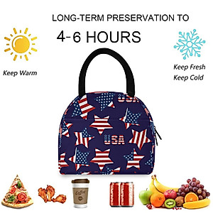 ZzWwR Usa Patriotic American Flag Stars Reusable Lunch Tote Bag with Front Pocket Insulated Thermal Cooler Container Bag for Back to School Work Travel Fishing Picnic Beach