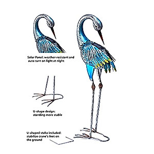 TOMBABY Solar Metal Garden Preening Crane Statue Metal Heron Outdoor Decor, Yard Art Bird Decoy for Backyard Pond