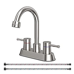 yeulluey 360 Swivel Spout Bathroom Sink Faucet with 2 Water Supply Lines, Brushed Nickel Lead-Free Bathroom Faucets Stainless Steel 4 Inch 2 Handle Centerset Faucet for Bath Basin 2 3 Hole