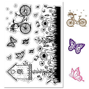 CRASPIRE Butterfly Clear Rubber Stamps Mailbox Grass Spring Bike Transparent Vintage Silicone Bicycle Seals Postmark Journaling Card Making DIY Scrapbooking Photo Album Decorative Film Frame