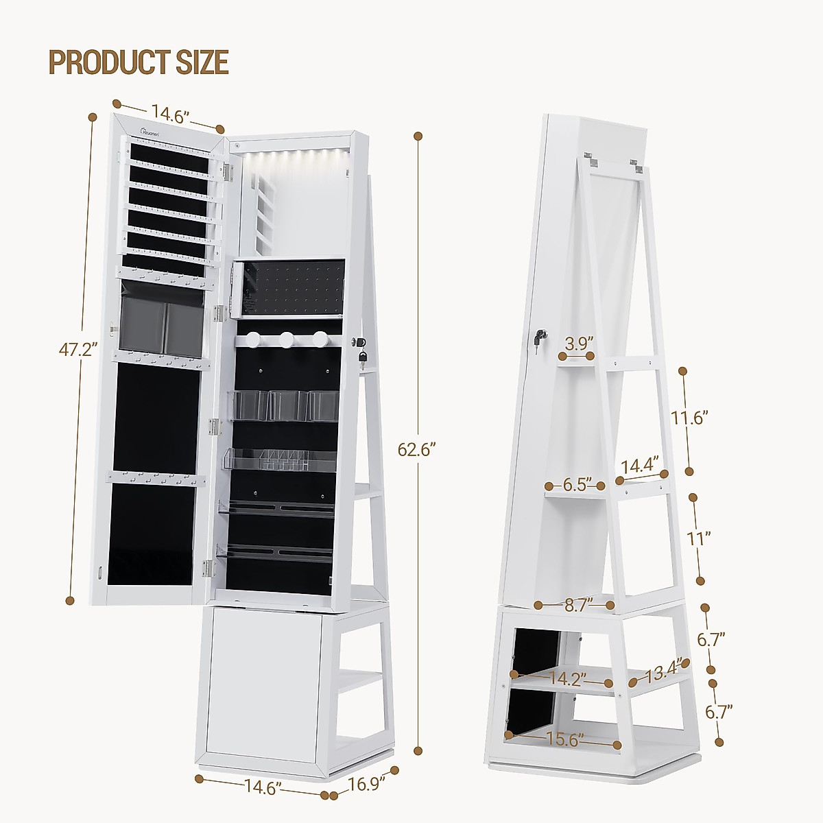 Hzuaneri 16 LEDs Jewelry Cabinet Armoire, 63" H Standing Jewelry Organizer with 360° Rotating Base, Lockable Full-length Mirror, 4-tier Storage Shelves, 4-in-1 design, White JC16003B