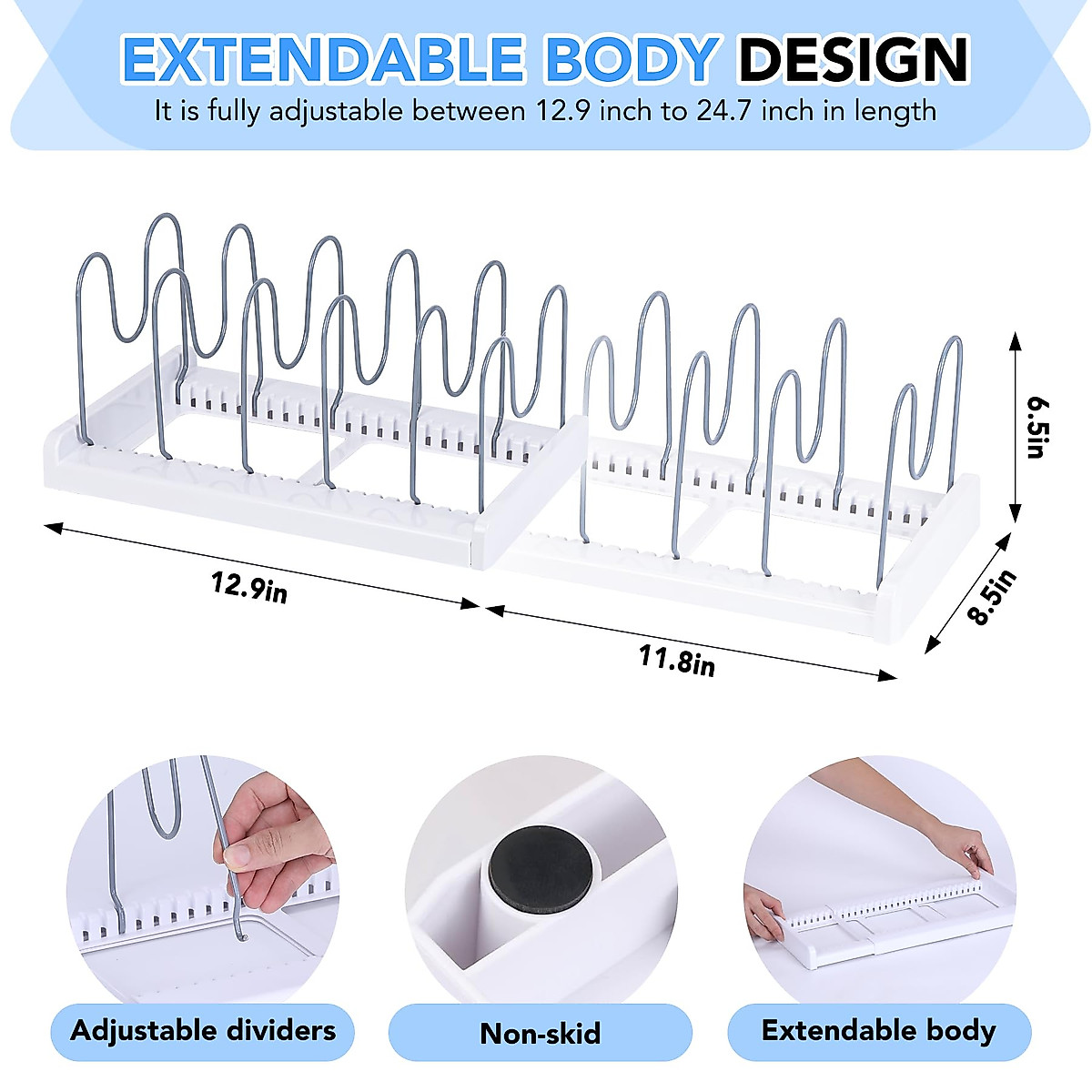 LALOBLUE Expandable Pot and Pan Organizer Rack for Cabinet, Pan and Pot Lid Holders with 10 Adjustable Dividers for Kitchen Cabinet Organization and Storage, Cookware Organizer, 12.9"-24.7", White