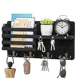 SWTYMIKI Mail Holder for Wall with Magnet Hanging, Rustic Wooden Key Holder with Key Hooks Wall Mounted Key Hanger Organizer for Entryway, Mudroom, Hallway, Living Room and Office, Black