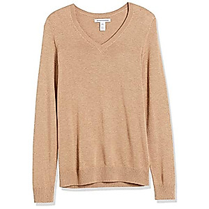 Amazon Essentials Women's Classic-Fit Lightweight Long-Sleeve V-Neck Sweater (Available in Plus Size), Camel Heather, Medium