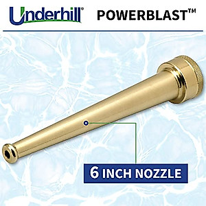 Underhill 6-Inch Garden Water Hose Nozzle, Sprayer, Jet, 7 GPM 80 PSI, 3/4-Inch Thread Inlet, High Pressure Attachment, Heavy-Duty Brass, Adjustable, PowerBlast Super Sweeper, SN6-75