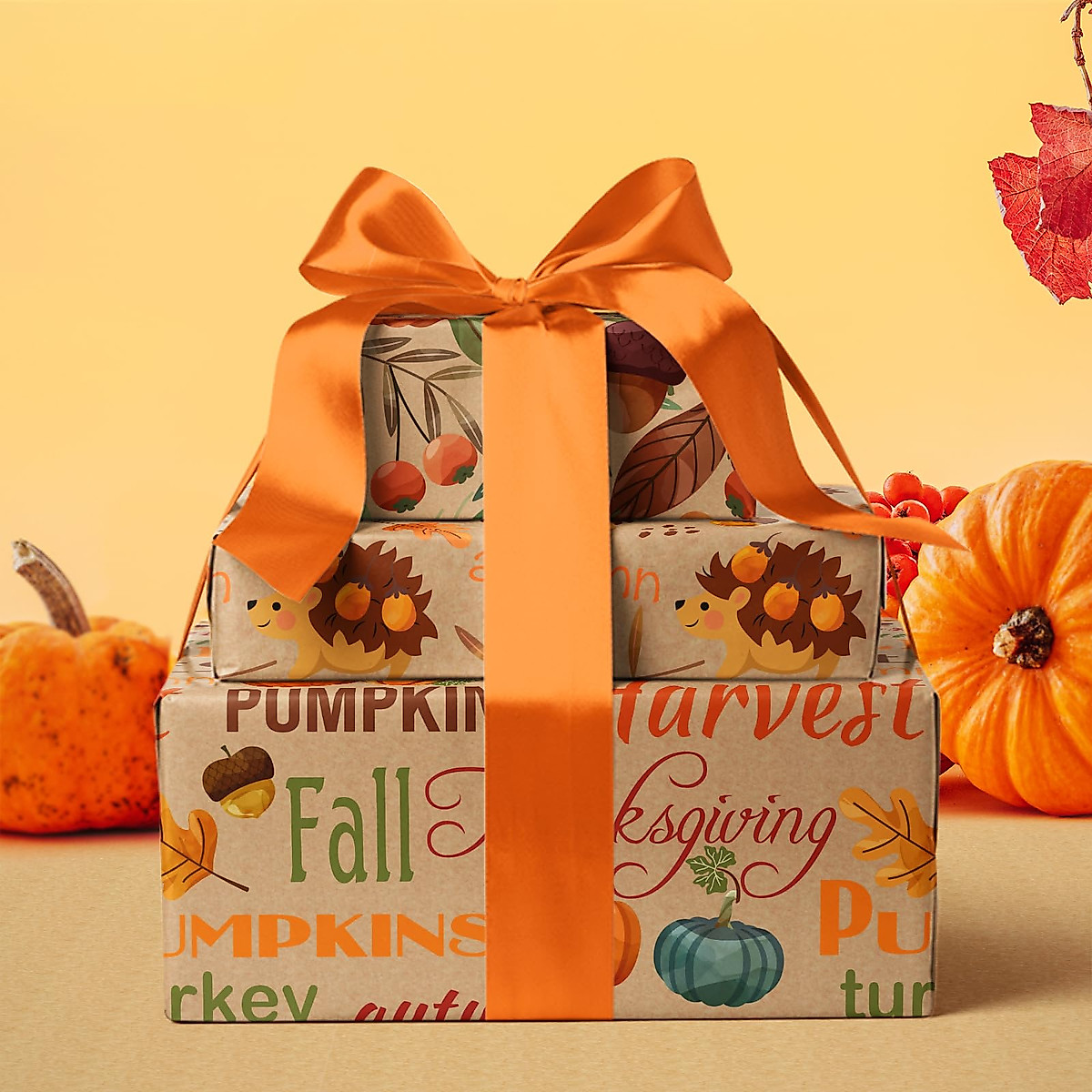 WRAPAHOLIC Kraft Fall Wrapping Paper - Mini Roll - 3 Rolls - 17 Inch x 120 Inch - Pumpkin, Hedgehog and Thanksgiving Lettering Design for Thanksgiving, Autumn, Party, Holiday