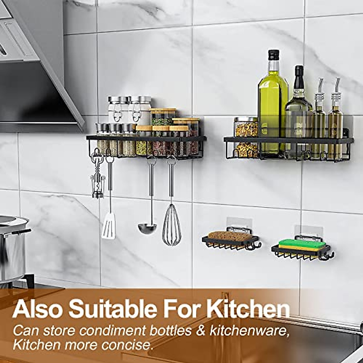 HNRLOY Shower Caddy Organizer,4Pack Bathroom Shower Shelf Rack for Wall Mount Bath Shower Storage with 2 Soap Dish Holder,Self Adhesive Stainless Steel Black Shower Shelves Accessories