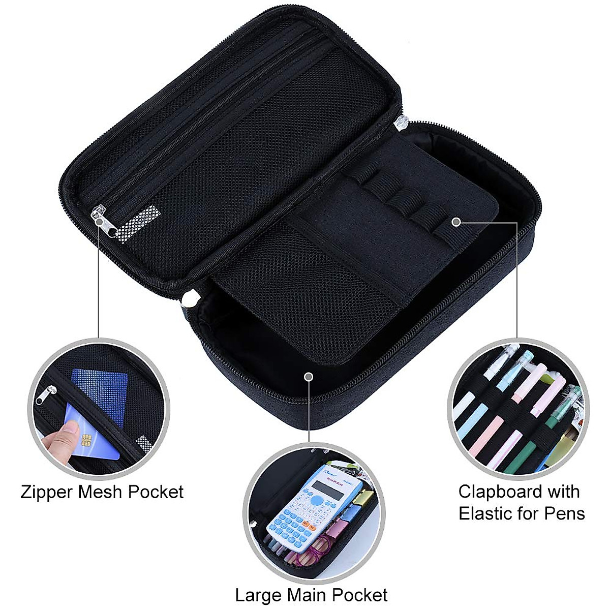 Chelory Big Capacity Pencil Case Large Pencil Bag Pouch Portable Pen Pencil Marker Cases Holder Multi Functional Office Stationery Storage Organizer Supplies Makeup Bag Men Women, Black