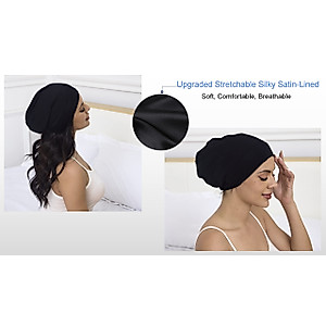 Naivlizer Satin Lined Hair Bonnet Sleep Cap, Adjustable Slouchy Sleep Bonnet, Hair Wrap for Frizzy Curly Hair Locs, Hair Protect Night Sleeping Beanie for Men & Women, Black