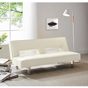 Astrid Futon Sofa Bed Faux Leather Futon Couch Modern Convertible Folding Sofa/Bed Couch with Chrome Legs Reclining Mini Coach Leather Futons Small Couch for Bedroom Living Rooms, Office - Cream