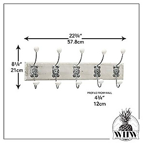 French Country House Wall Rack, 5 Hooks, Shabby Distressed Finish, Rustic White, Weathered Gray Wood, Vintage Inspired, Porcelain Caps, 22.75 L x 4.75 W x 8.25 H Inches