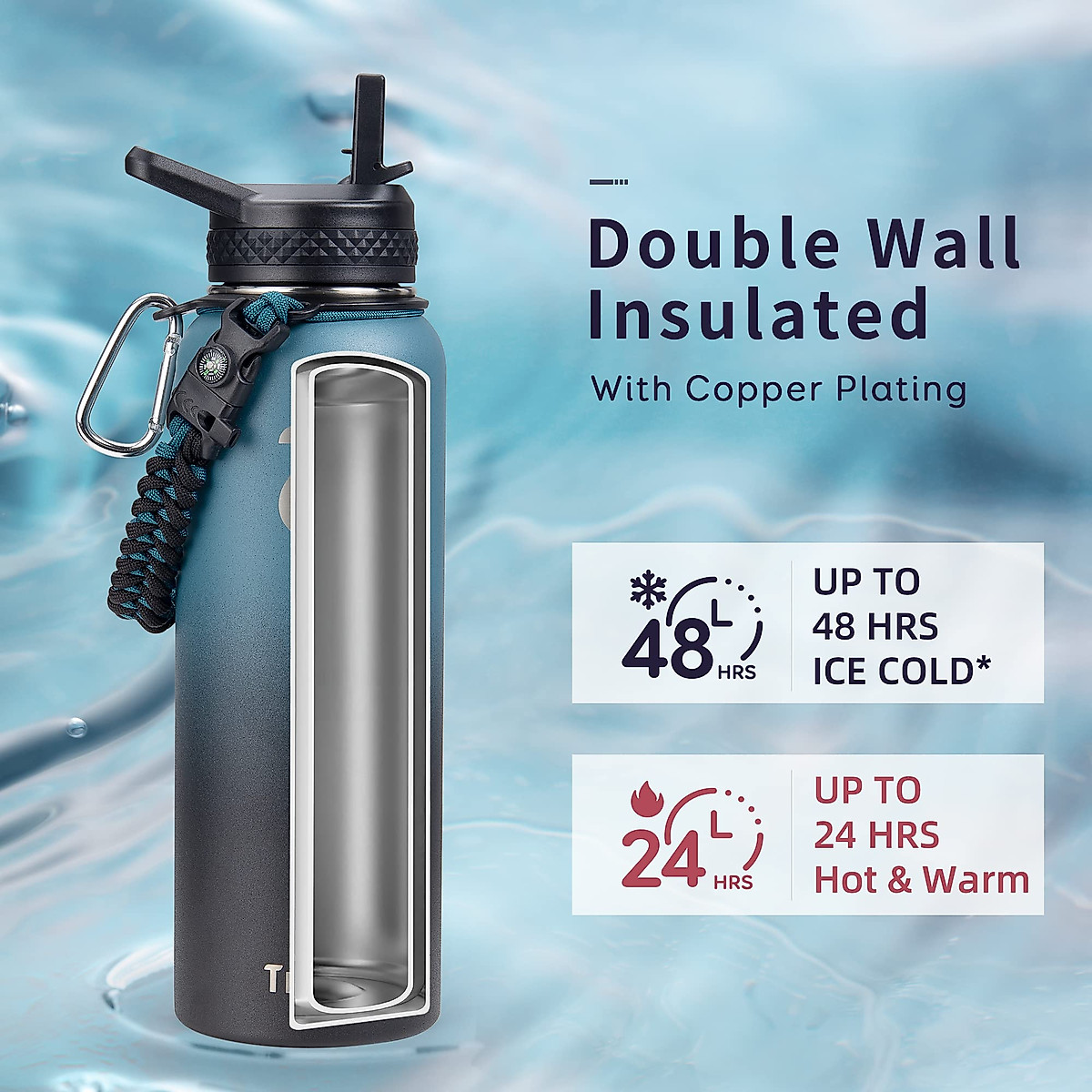 Trebo Water Bottle 40oz with Paracord Handle,Vacuum Double Wall Stainless Steel Insulated Water Jug with Straw Spout Handle Lids, Large Sports Flask Keep Cold & Hot, Ombre: Indigo/Black