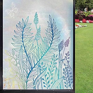Floral Frosted Window Film Privacy Film, Valentine Window Decal for Bathroom Office Living Room,Blue Yellow Purple Green 24 x 36 inch, Yellow,Blue,Green,Purple