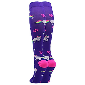 MadSportsStuff Neon Rainbow Caticorn Over the Calf Socks (Purple/Neon Pink, Small)