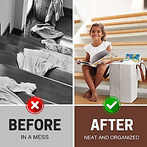 SAM AND MABEL Stair Baskets for Carpeted and Wooden Stairs – 16" L x 10" W x 16" H Staircase Basket with Handles, Collapsible Stairstep Storage Organizer for Home and Office Decor (Natural Beige)