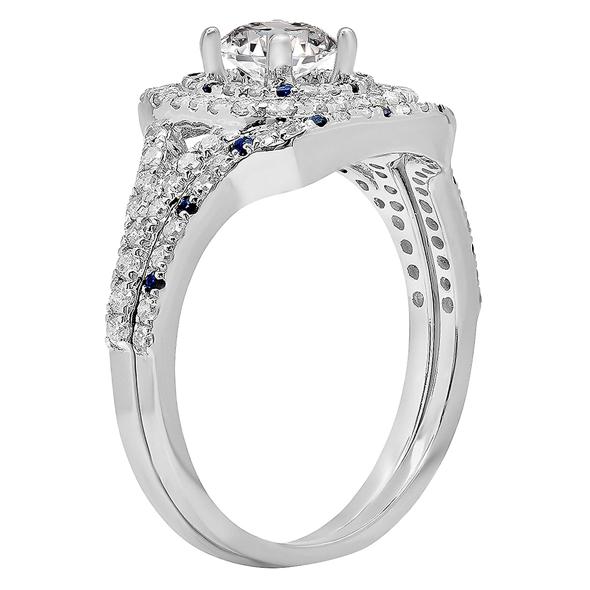 Dazzlingrock Collection 6.5 mm Center Round Moissanite, Blue Sapphire & White Diamond Bridal Split Shank Engagement Ring Set, 14K White Gold, Size 8