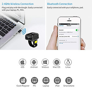 Alacrity 2D Wireless Ring Barcode Scanner,Portable Bluetooth Wearable Finger 1D 2D Mini Bar Code Reader Scanner Suppot Screen Scanning with Bluetooth & 2.4GHz Wireless & Wired Connection Scanner
