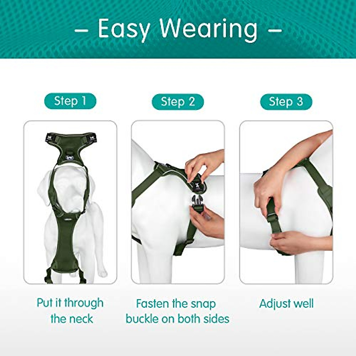 PoyPet Reflective Soft Breathable Mesh Dog Harness Choke-Free Double Padded Vest with Adjustable Neck and Chest(Military Green,M)