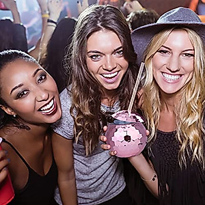 Ujuuu 4 Pieces Disco Ball Cups Disco Ball Tumbler Disco Flash Ball Cocktail Cup with Lid and Straw Party Supplies Wine Cocktail Drinking Syrup Tea Bottle (Pink), 20oz