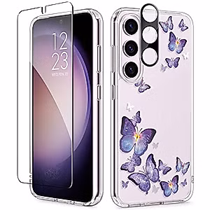 GVIEWIN Compatible with Samsung Galaxy S23 Plus Case with Screen Protector+Camera Lens Protector, Slim Shockproof Clear Floral Pattern Phone Protective Cover for Women 6.6" (Alluring Butterfly/Purple)