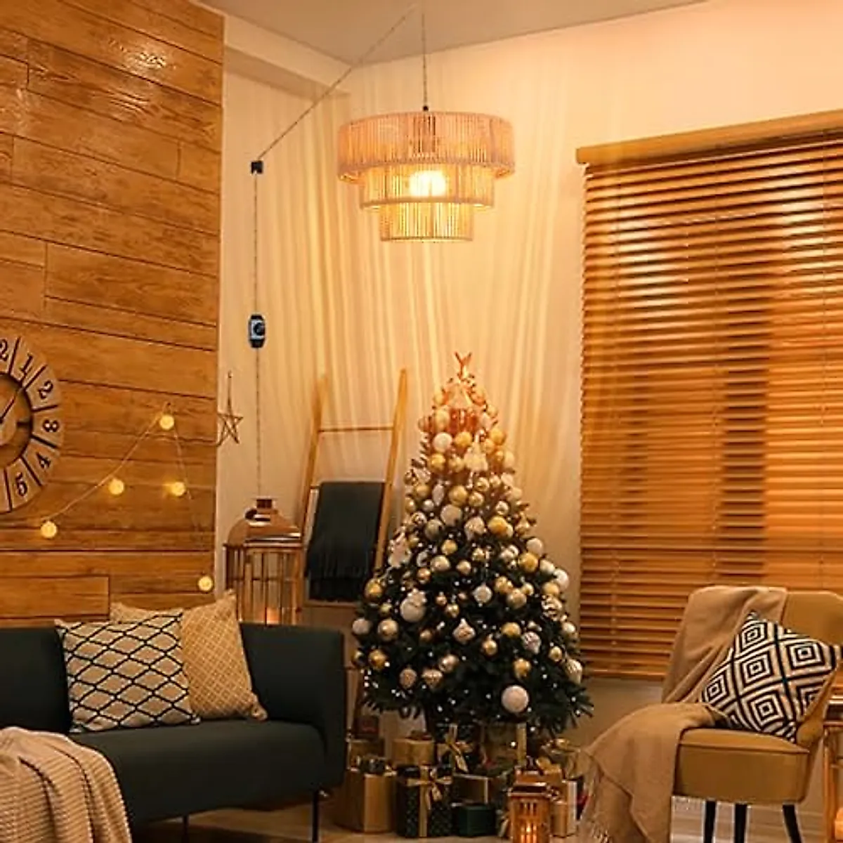 QIYIZM Plug in Pendant Light Boho Hanging Lights with Plug in Cord Rattan Hanging Lamp Dimmable Wicker Bamboo Woven Lamp Shade Hemp Rope Plug in Ceiling Light Fixture for Living Room Bedroom Kitchen