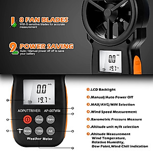 Digital Anemometer Barometer Handheld Anemometer, Wind Speed Meter for Wind Speed/Temperature with Wind Chill & Relative Humidity, Altitude, Barometric Pressure measure for HVAC CFM Shooting -AP-007WM