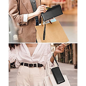 Chelmon Womens Wallet Large Capacity Zip Holder Clutch Bifold Wrist Strap Long Purse Black