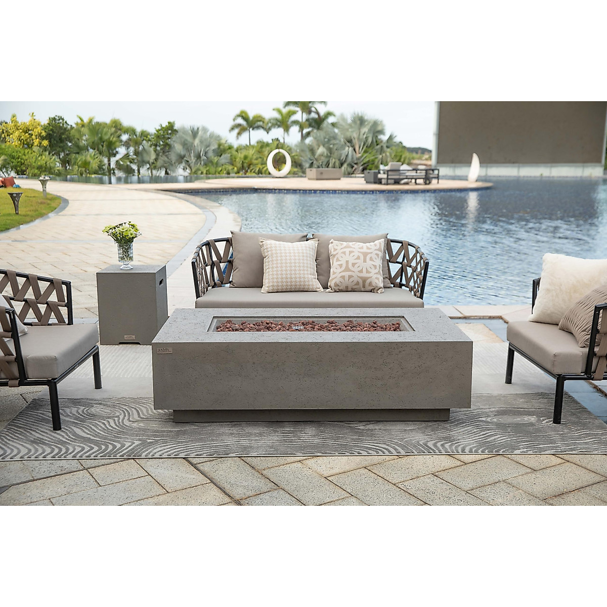 AMS Fireplace | Bundle for Madison 60"x32" Rectangular Concrete Natural Gas Fire Pit Table | Light Gray | Travertine (coarse) Texture Surface | Outdoor Patio Heater Electronic Ignition Fireplace