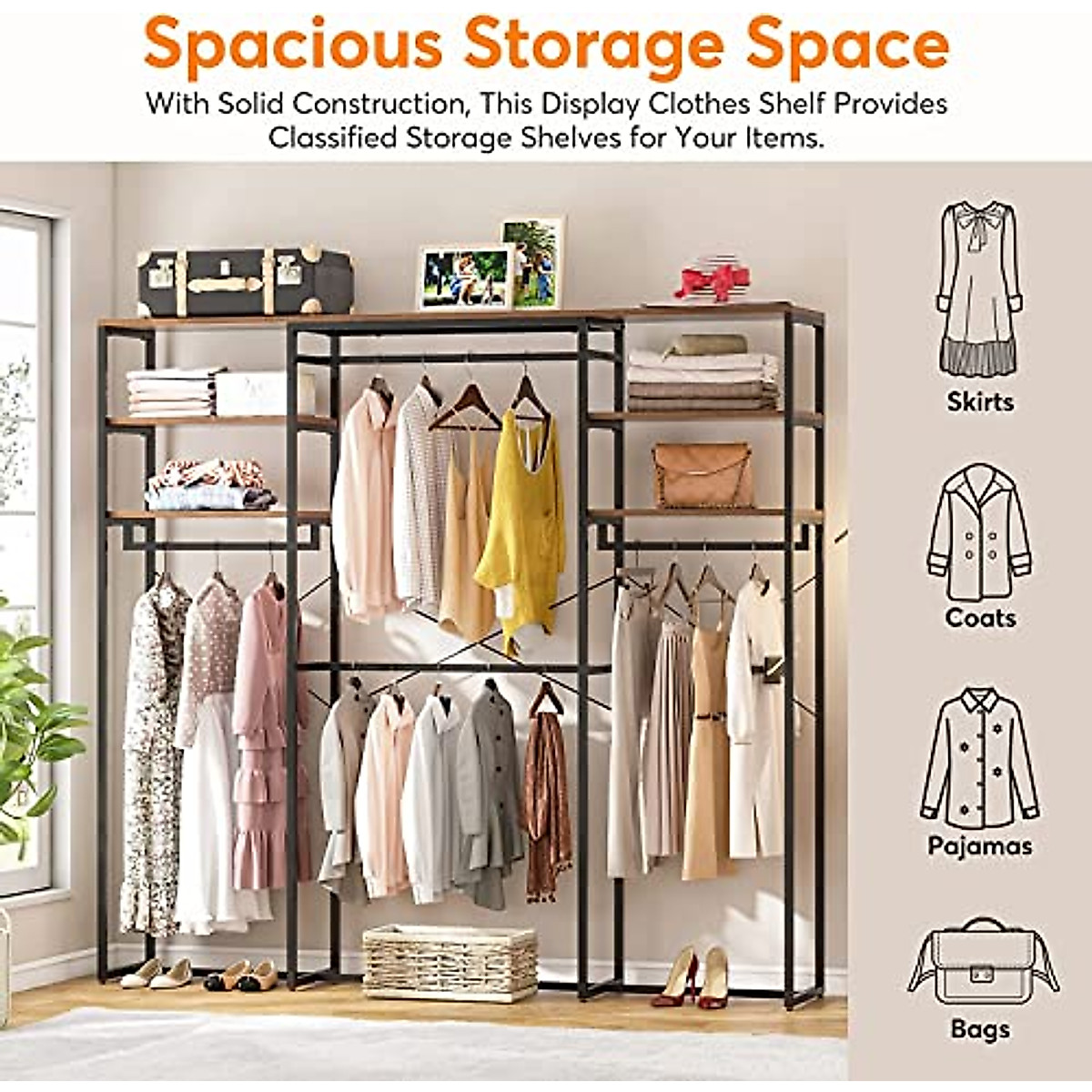 LITTLE TREE Free Standing Closet Organizer, Large Heavy-duty Garment Rack with Shelves and Hanging Rods,Open Wardrobe for Bedroom,Brown