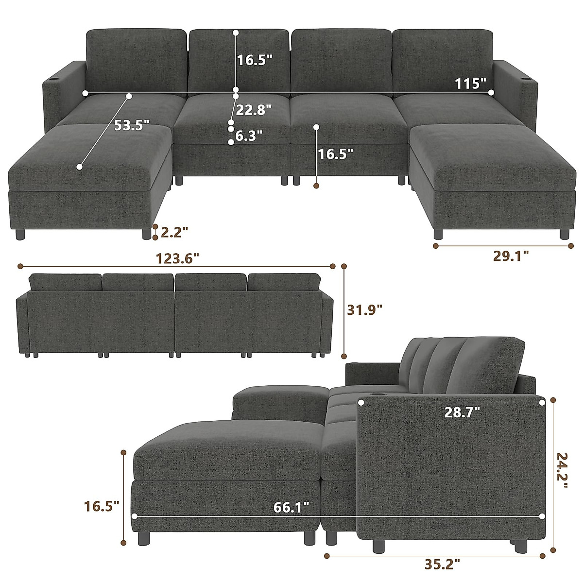 PDNOSC Modern Large Sectional Sofa, U-Shape Modular Sectional Sleeper Sofa with Storage,123" Sofa Bed with Ottoman,6 Seat Sectionals Chaise for Living Room,Chenille (Gray)