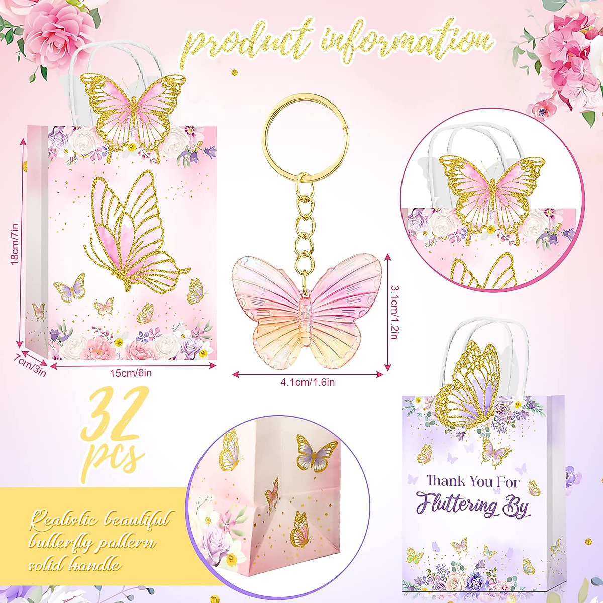 Leinuosen 32 Pieces Butterfly Party Favors Bags Set 16 Thank You for Fluttering by Gift Bag 16 Pcs Butterfly Keychains Butterfly Paper Bags Butterfly Goodie Bag Treat Bag for Baby Shower Party Favors
