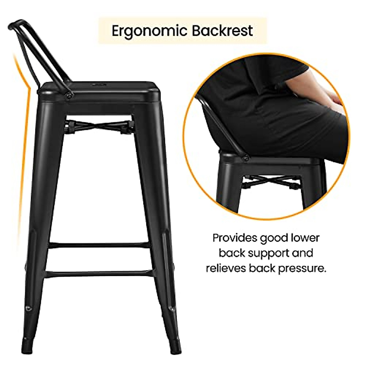 Yaheetech 26 inch Metal Bar Stools Set of 4 Counter Height Barstools with Low Back Indoor Outdoor Kitchen Stools Modern Industrial Bar Chairs Matte Black