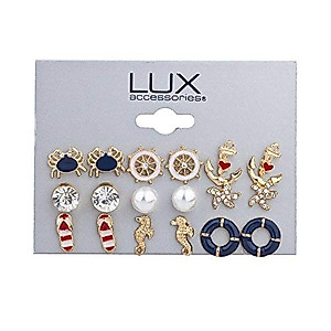 Lux Accessories Gold Tone Crystal Pearl Red White Blue Nautical Earring Set
