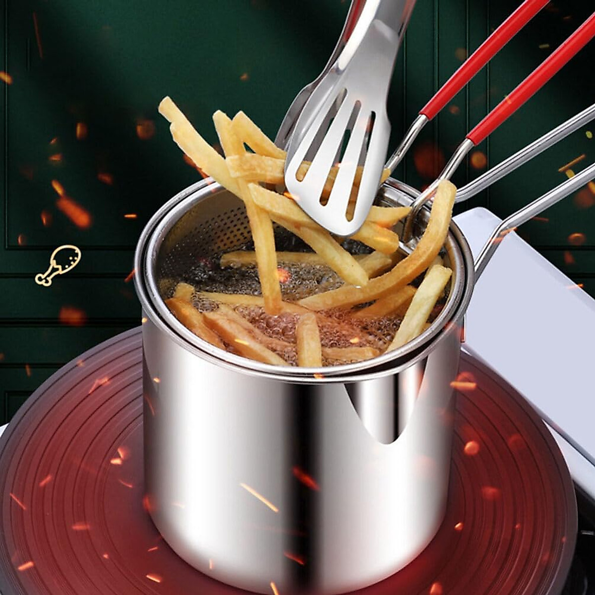 DOITOOL 2 Sets Stainless Steel Fryer Mini Airfryer Outdoor Griddle Stainless Wok French Fries Drain Basket Onion Ring Fryer Pasta Skimmer Deep Fryer Pot Frying Basket Fry Basket Fried