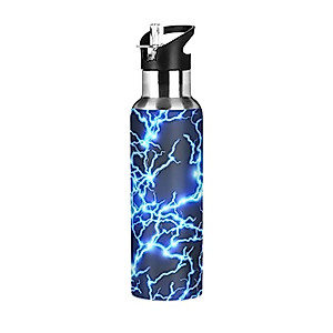 Kigai Blue Lightning Stainless Steel Sports Water Bottle BPA-Free Vacuum Insulated Leakproof Wide Mouth Flask with Straw Lid Keeps Liquids Cold or Hot for Gym Travel Camping