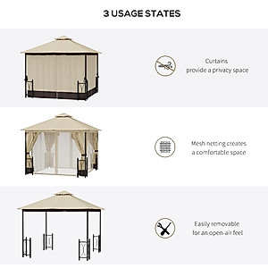 Outsunny 11' x 13' Patio Gazebo, Double Roof Outdoor Gazebo Canopy Shelter with Netting & Curtains, Steel Corner Columns for Garden, Lawn, Backyard and Deck, Beige