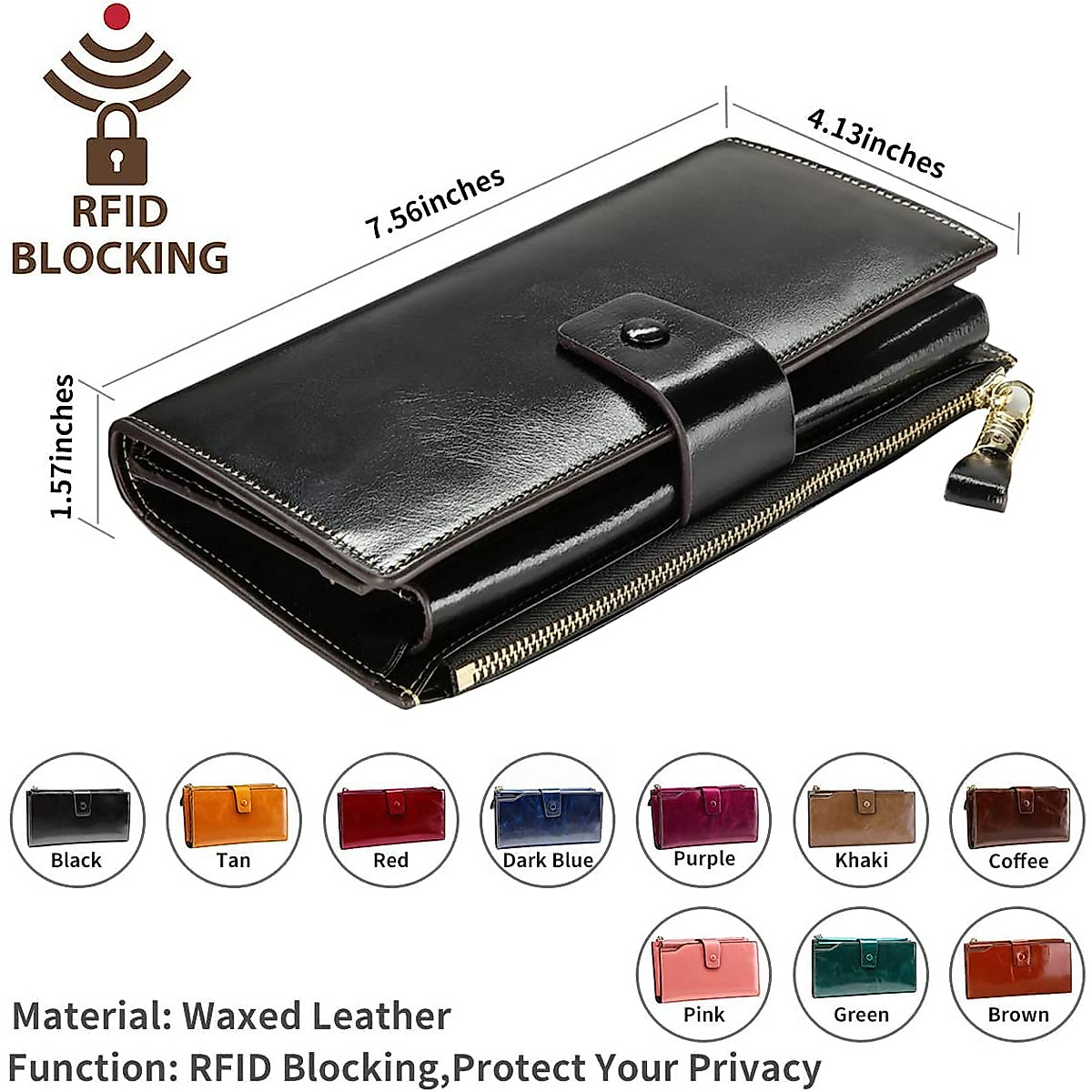 Itslife Womens Wallet RFID Blocking Large Capacity Luxury Wax Genuine Leather Wallets Clutch Wallet Ladies Card holder, Black