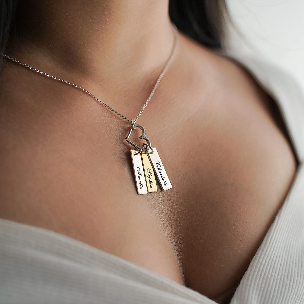 Mixed Tone Triple Bar Sterling Silver Personalized Necklace with Heart Charm. 14k Gold Plated, Rose Gold Plated, and Sterling Silver charm. Choice of Sterling Silver Chain. Gifts for Her, Mom, Wife