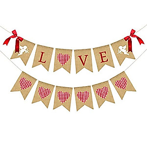 JOZON Love Burlap Banner and Pink Plaid Heart Burlap Banner Valentine's Day Bunting Banner Garland with Cupid Signs and Bows Valentines Day Party Decorations for Wedding Anniversary Mother‘s Day