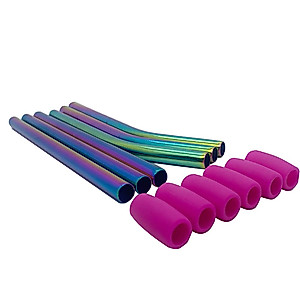 Amsthow Reusable Straws Boba Metal Straws with Silicone Tips and Cleaning Brushes Smoothie Straws for Milkshake Shake, Bubble Tea( 0.43" Wide Rainbow Colors)